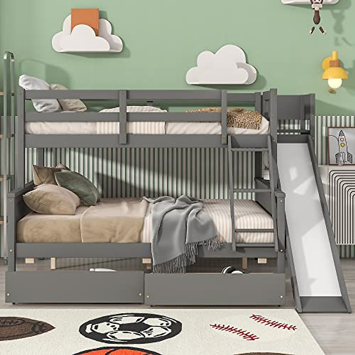 GLORHOME Twin Over Full Bunk Bed,Wooden Bunk Bed, Bunk Bed with Drawers,Slide,Grey