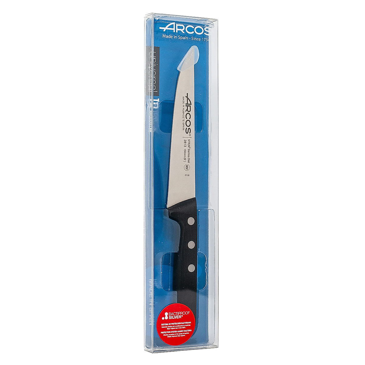 Arcos Kitchen Knife 6 Inch Nitrum Stainless Steel and 150 mm blade. Professional Utilty Knife. Ergonomic Polyoxymethylene POM Handle. Series Universal. Color Black
