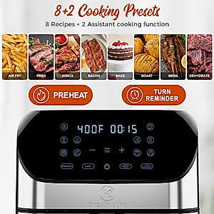 Air Fryer 8 Qt Large Size With Clear Window, 8 Presets, 3 Special Features Turn Reminder, Preheat, Light, True One-touch Panel, 360° Turbo Airflow Tech, Nonstick Basket,Stainless Steel