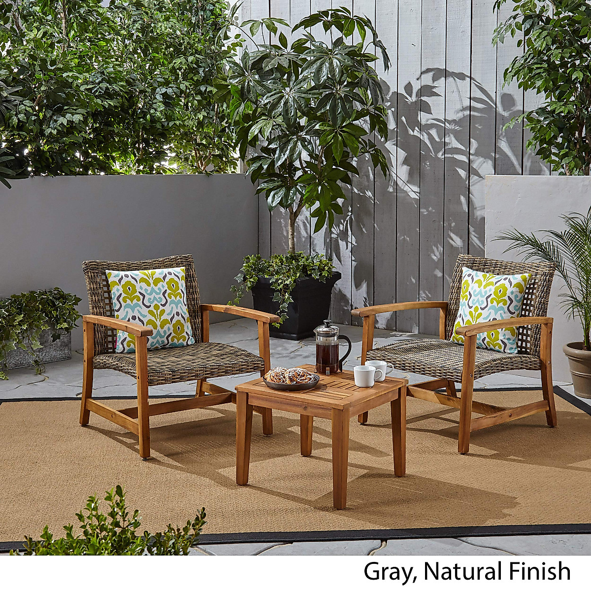 GDFStudioOutdoor 3 Piece Wood and Wicker Club Chairs and Side Table Set, Gray