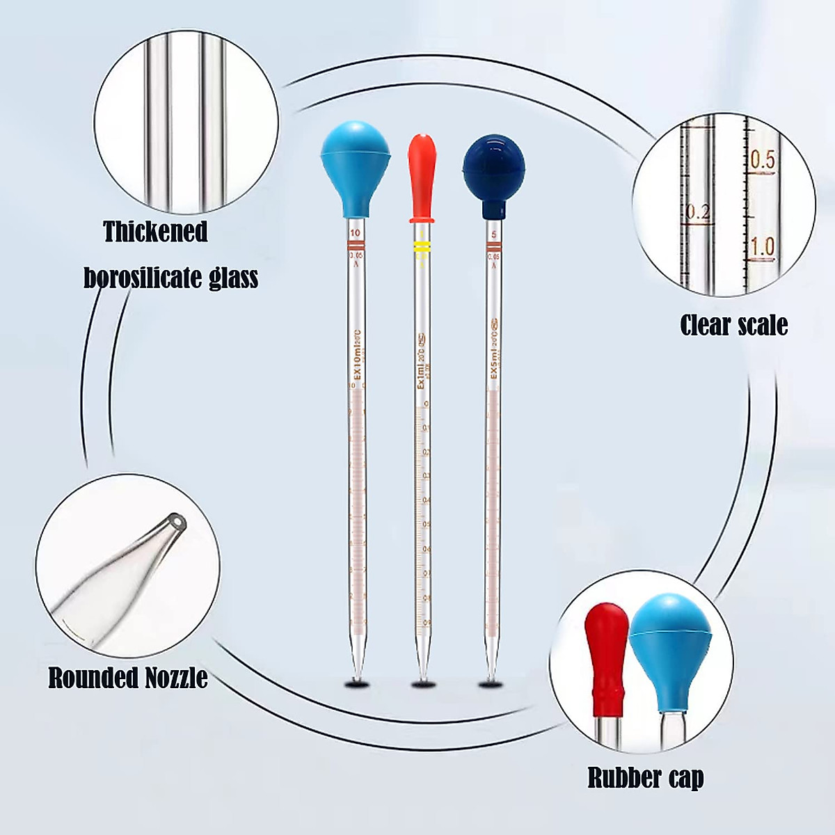Thick Glass Graduated Dropper Pipettes with Caps Set of 5(1ml 2ml 3ml 5ml 10ml)