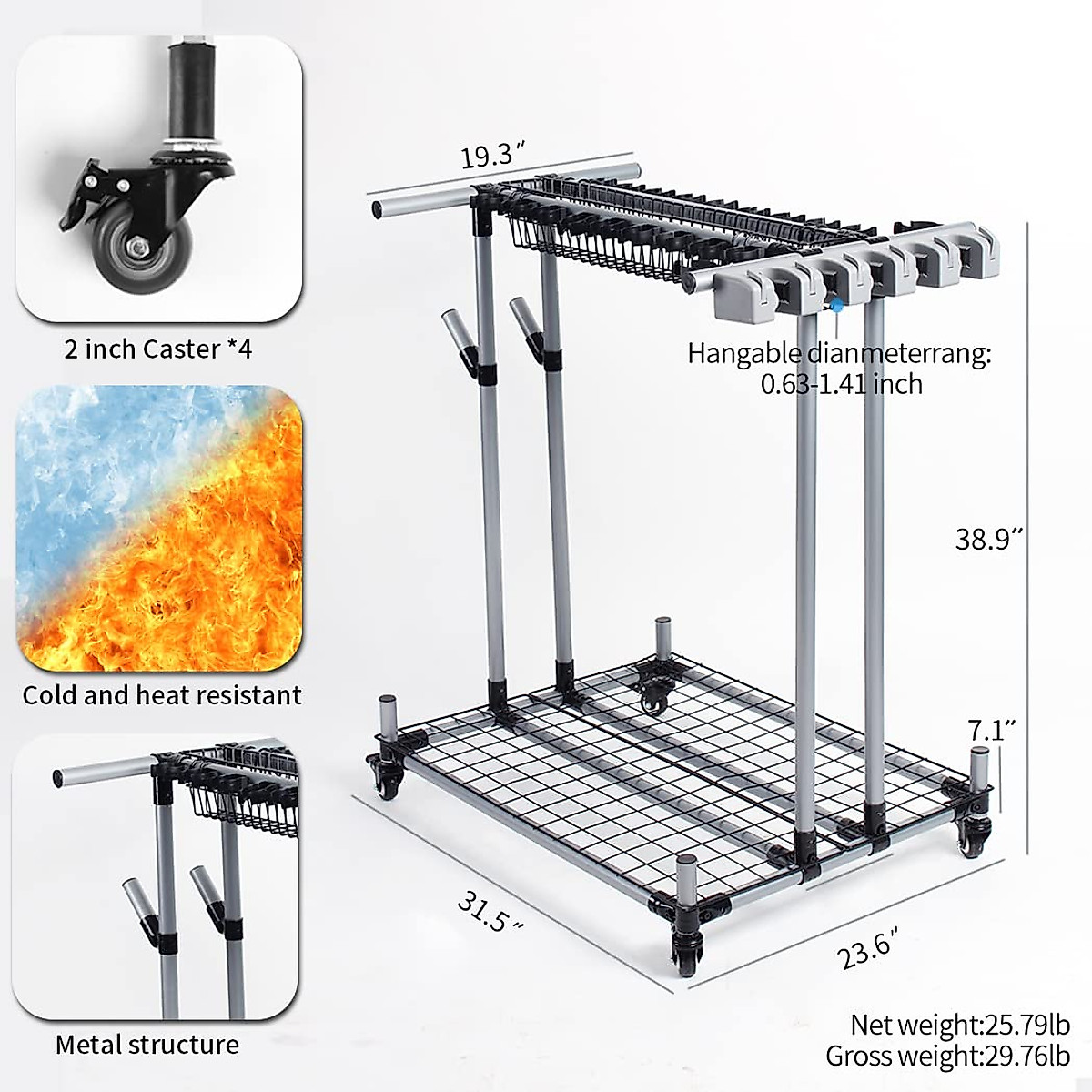 QTJH Heavy duty garden tool organizer garage storage holder storage large long farming tools lawn tool metal rack shovel and rake organizer