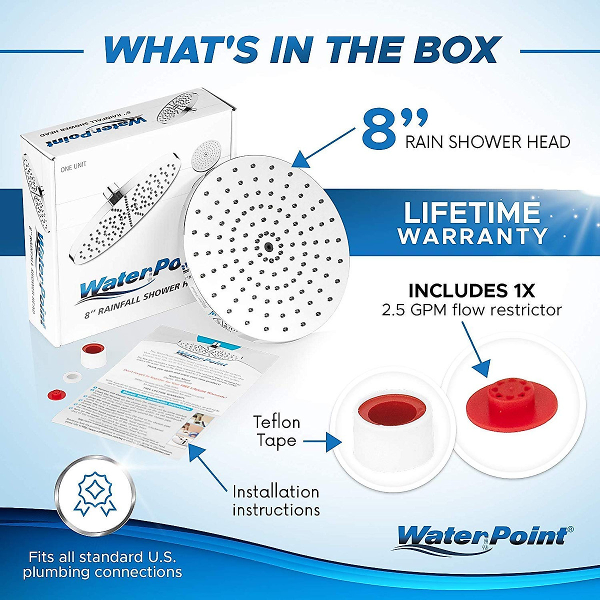 8 Inch Rainfall Shower Head by WaterPoint - Large High Pressure Water Saving Showerhead - Brass Swivel Ball and Polished Chrome Finish