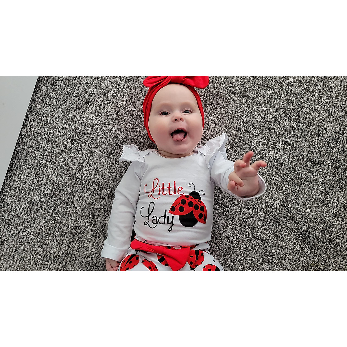 TyeSmo Baby Girl Clothes 3-6 Months Ladybug Printed White Ruffle Long-sleeve Top + Pants + Headband + Hat 3-6 Month Girl Clothes