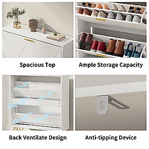 CARPETNAL Shoe Cabinet for Entryway Slim, White Shoe Storage Cabinet with 2 Flip Drawers, Narrow Shoe Rack Cabinet, Freestanding Shoe Cabinet Organizer with Metal Handle and Legs for Entryway, Hallway