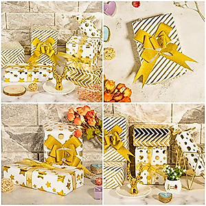 Whaline Gift Wrapping Paper Set 8 Sheet White Gold Wrapping Paper with 10 Pull Bows & 24 Yard Glitter Ribbon Star Dot Stripe Foil Decorative Art Paper for Birthday Christmas Valentine's Day