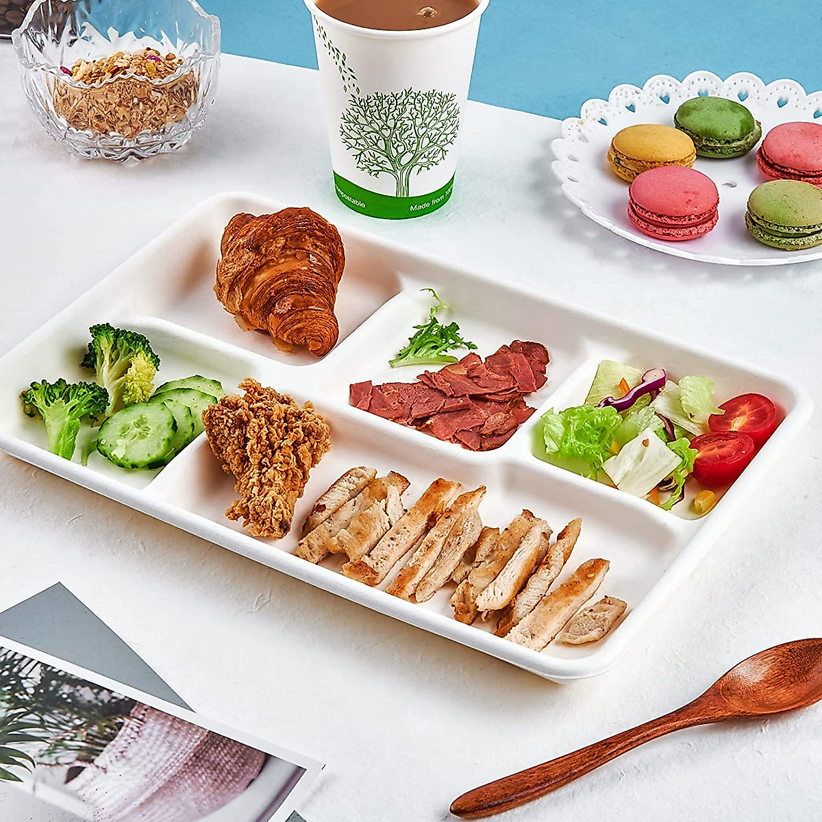 [500 Pack] 5 Compartment Trays, 100% Compostable Paper Plate tray, School Bagasse Lunch trays, Buffet, and Party, Disposable trays with 5 compartment, Biodegradable, Natural (4821011)