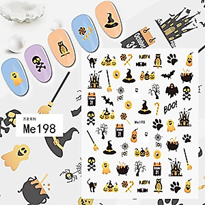 12 Sheets Halloween Nail Art Stickers Decals Self-Adhesive Pegatinas Uñas Cute Ghost Hat Castle Cat Skull Bat Nail Supplies Nail Art Design Decoration Accessories