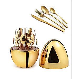 Multi-colors Stainless Steel Cutlery 24pcs Set, Egg Shape Storage Tableware Kitchen Utensils Gift Set with Holder, Spoon Knife Fork Silverware Set for Home and Dinner Party, Service For 6 (C)
