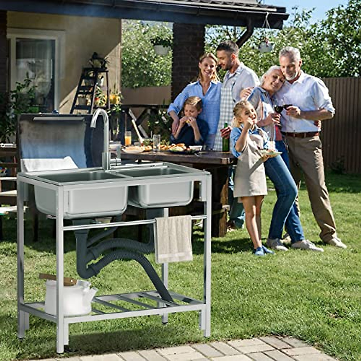 MARQI Free Standing Stainless-Steel Utility Sink Commercial Restaurant Kitchen Sink 2 Bowl Prep & Utility Washing Hand Basin w/Cold Hot Water Pipe Faucet Shelves Indoor Outdoor 31.5" x 17" x 29.5"