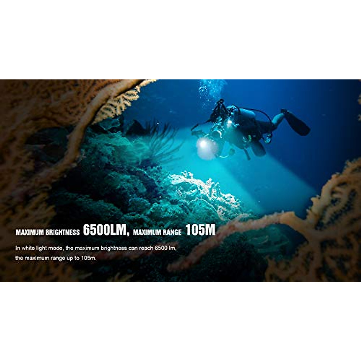 TrustFire DF50 Scuba Diving Light, 6500 Lumens Video Camera Photography Dive LED Flashlight, USB Rechargeable Torch, 70M Underwater, Super Bright, with Violet Red White Lights