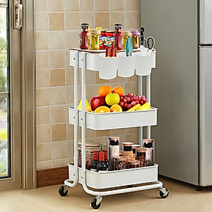 3-Tier Metal Utility Rolling Cart Storage Side End Table with Cover Board for Office Home Kitchen Organization, Cream White