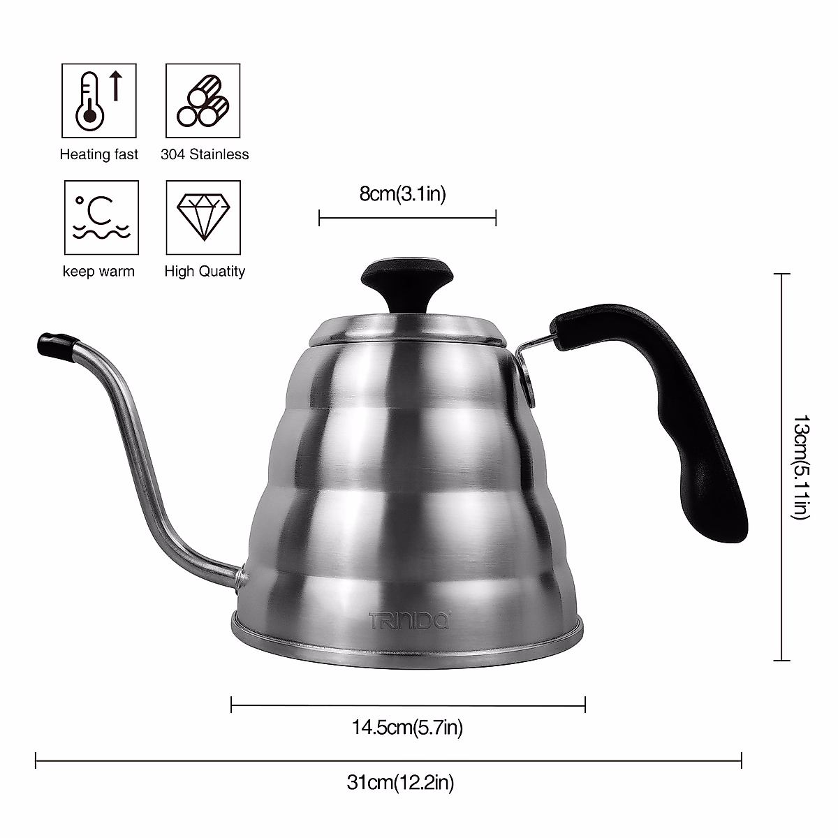 TRINIDa Gooseneck Kettle for Pour Over Coffee and Tea, 26 fl oz with Thermometer, Stainless Steel Triple Layer Bottom, Precision Pour Drip Spout, for all Stove Tops
