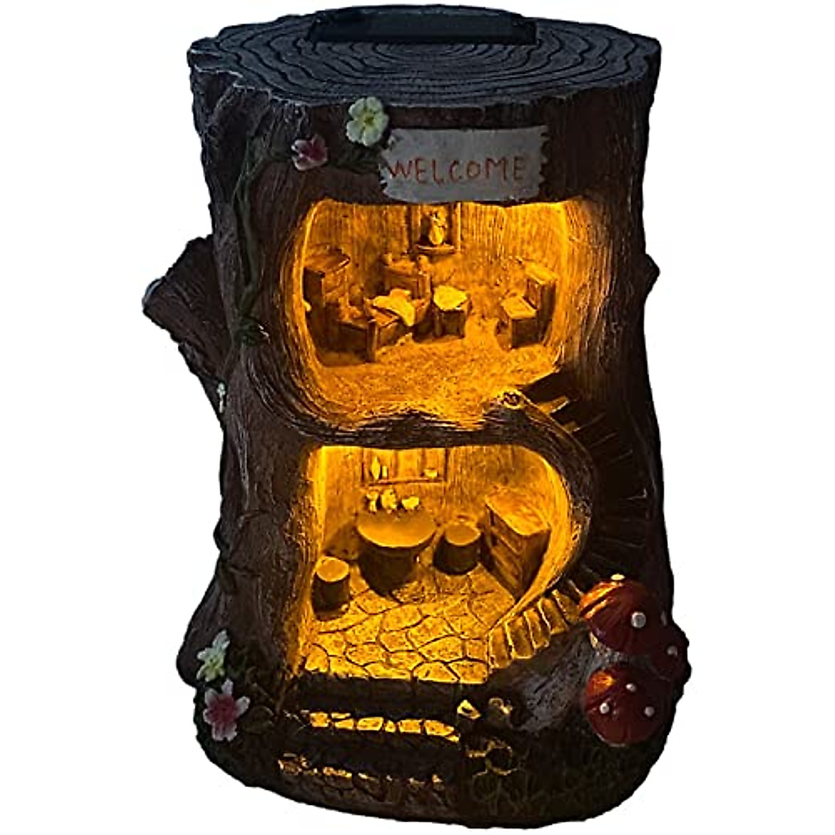 BEXLEYBAY Solar Light Gnome Fairy Tree House Outdoor Statues, Big Size Elf Miniature Buildings Tree House Sculptures for Outdoor Garden Patio Lawn Path Decorations, 8" Tall