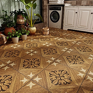 YENHOME Brown Peel and Stick Floor Tile Waterproof 12x12 in Kitchen Bathroom Floor Tile Vinyl Flooring Peel and Stick Flooring Roll Wood Planks 3 PCS Laminate Flooring Stick on Floor Tile Removable