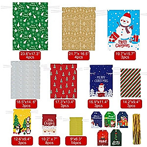 Moretoes 48pcs Christmas Drawstring Gift Bags with 10 Sizes 10 Designs Assorted Sizes Foil Wrapping Sacks Pouches Santa Goody Bags Xmas Holiday Presents Party Favor