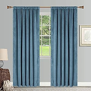 SNITIE Sky Blue 95in Long Pom Pom Velvet Curtains with Rod Pocket Thermal Insulated Soft Privacy Light Filtering Velvet Drapes for Bedroom and Living Room, 2 Panels (Sky Blue, 42 x 95 Inch Long)