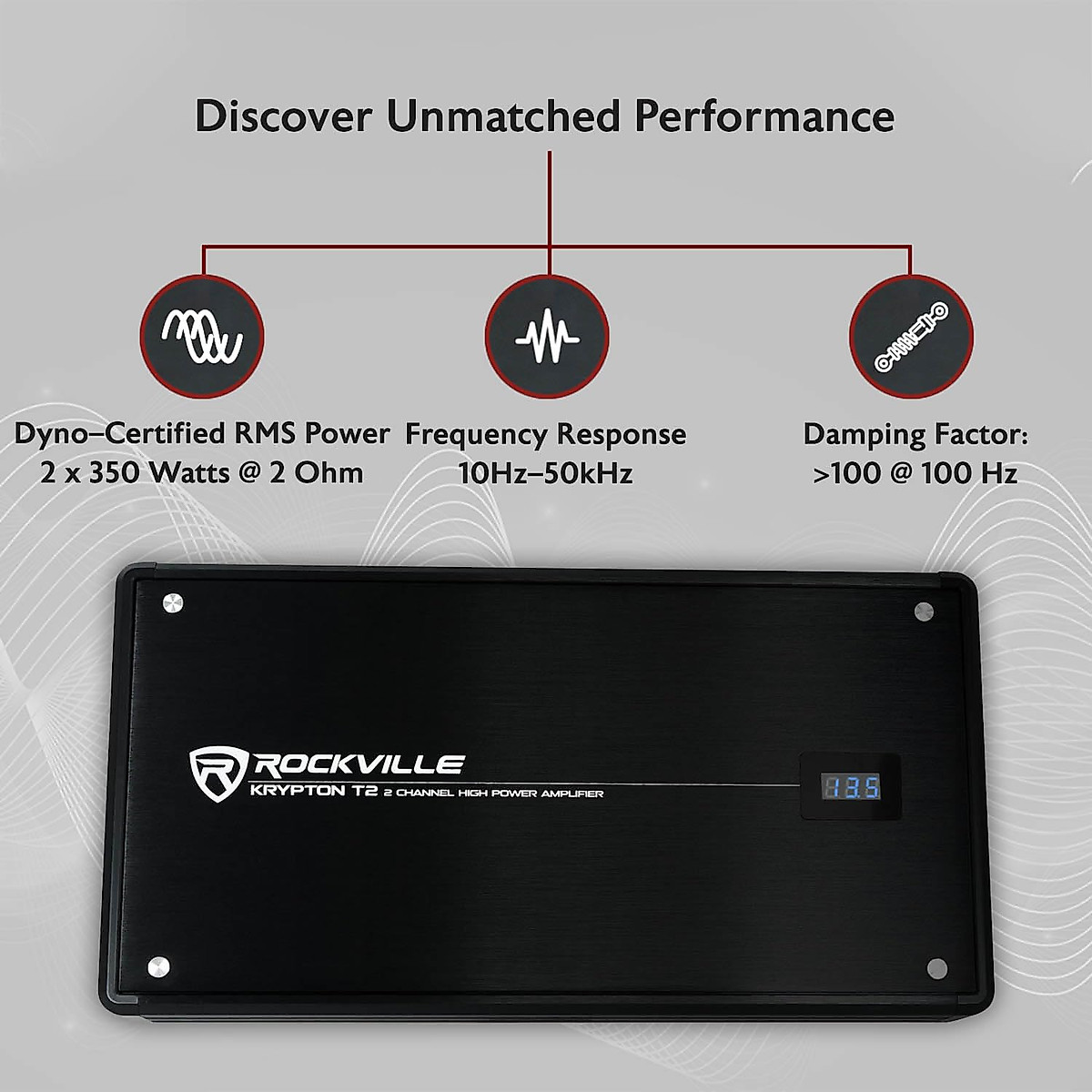 Rockville KRYPTON T2 2800W 2-Channel 2-Ohm Car Amplifier, Dyno-Certified, MOSFET, Adjustable Crossover, Remote Control, Perfect for Car Audio and Subs