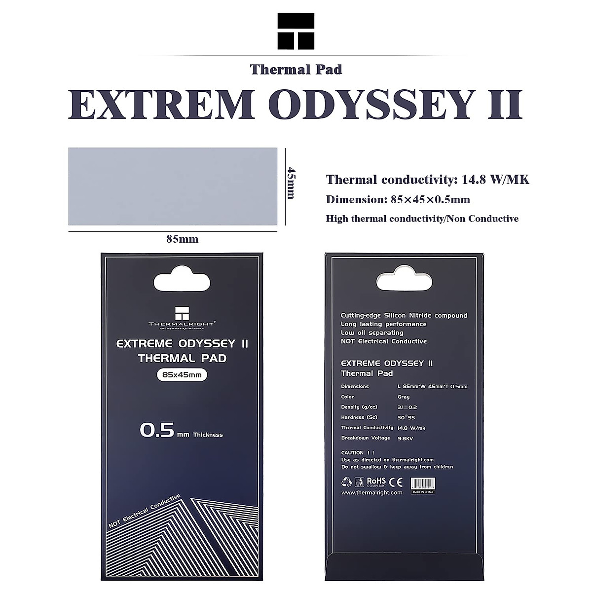 Thermalright Thermal Pad 14.8 W/mK Non Conductive Heat Dissipation Silicone Pad for PC Laptop Heatsink CPU/GPU/LED Graphics Card Motherboard Silicone Grease Multi-Size Pad (85x45x0.5mm)