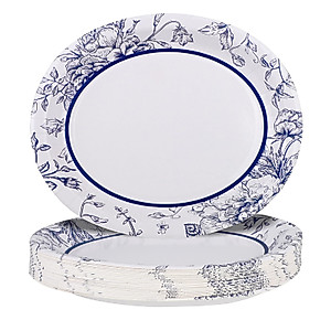 TWOWYHI 50PCS Paper Plates 12Inch Oval Paper Plates Heavy Duty Dinner Disposable Plate for Party with Blue Floral Style for Tea Party Birthday Wedding Birdal Shower Party Supplies