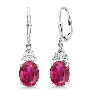 Gem Stone King 925 Sterling Silver Red Created Ruby and White Zirconia Dangle Earrings For Women (5.00 Cttw, Gemstone July Birthstone, Oval 10X8MM, Trillion 5MM)