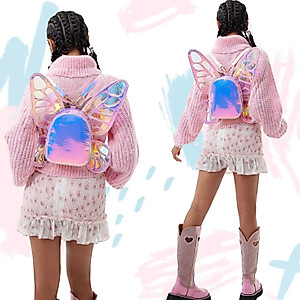 ENJOININ Women's Laser Holographic Backpack Butterfly Angel Wings Casual Daypack Shoulder bag for Young Girls (Laser Pink)