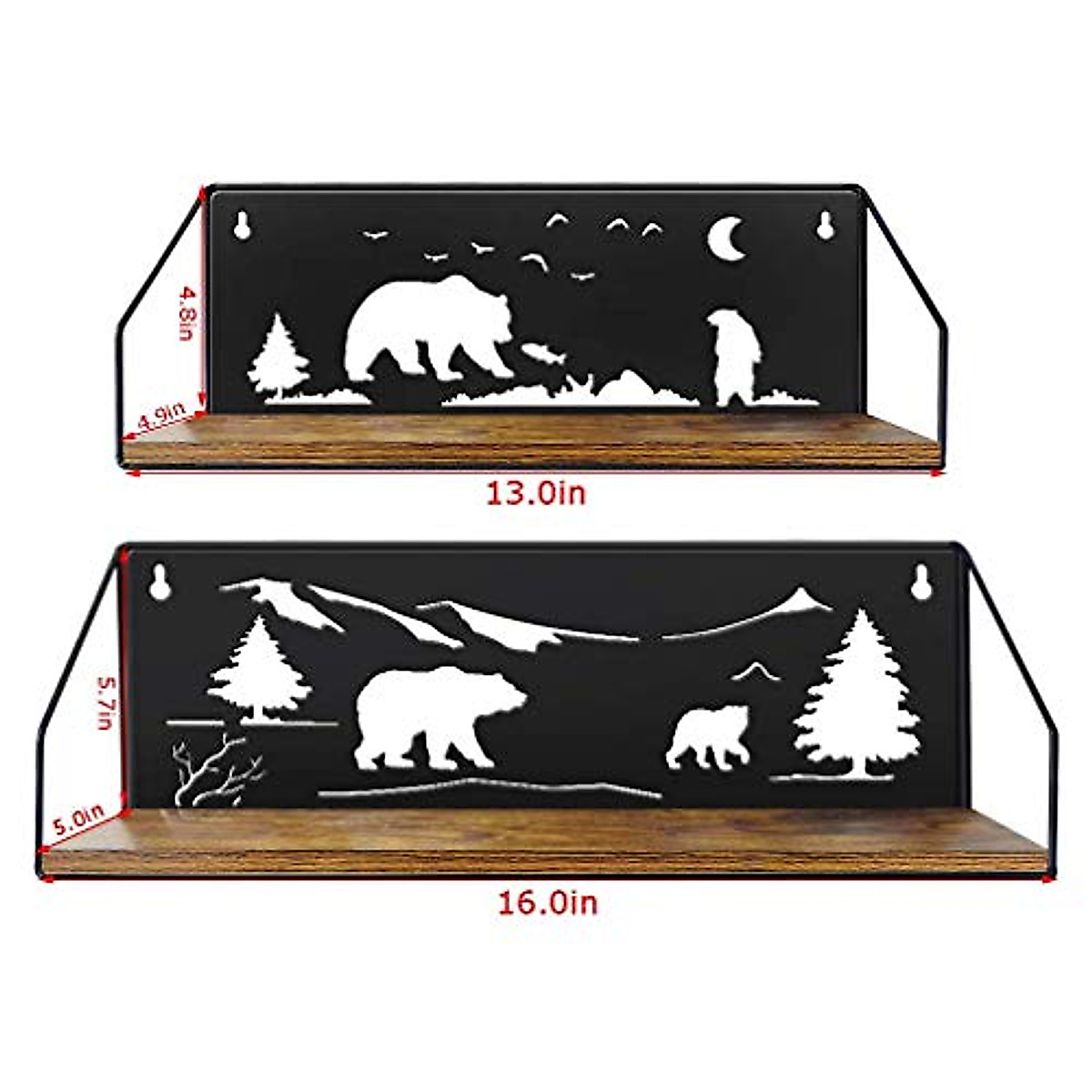 Giftgarden Floating Shelves for Wall with Unique Adorable Bears Cutouts, Rustic Wooden Iron Wall Shelf Decor for Bathroom Cabin Lodge Bedroom Kitchen Living Room Nursery, Black, Set of 2