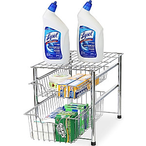 SimpleHouseware Stackable 2 Tier Sliding Basket + Single Tier Basket, Chrome