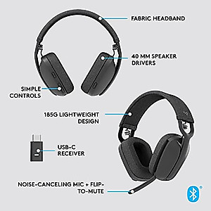 Logitech Zone Vibe Wireless Bluetooth Headphones with Noise-Canceling Mic, USB-A, USB-C, for Google Meet, Google Voice, Zoom, Mac/PC, Black