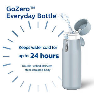 PHILIPS Filtered Water Bottle, Insulated Stainless Steel Water Purifier Bottle for Daily Life & Travel, BPA Free with GoZero Everyday Filter for Cleaner & Tastier Tap Water, Keeps Cold, 18.6 oz Blue