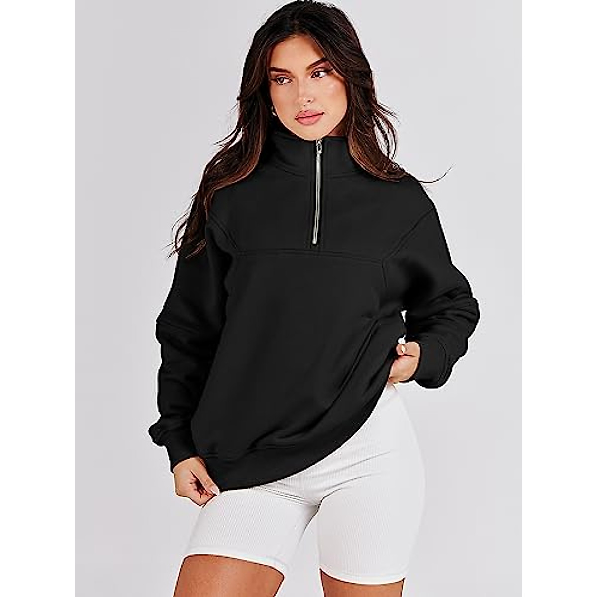 Caracilia Women Oversized Sweatshirt Quarter Zipper Fleece Pullover Hoodies Half Zip Y2K Clothes Collar Sweater Long Sleeve Trendy Fall Top Cute Gym Clothes for Women C113A7-heise-M Black