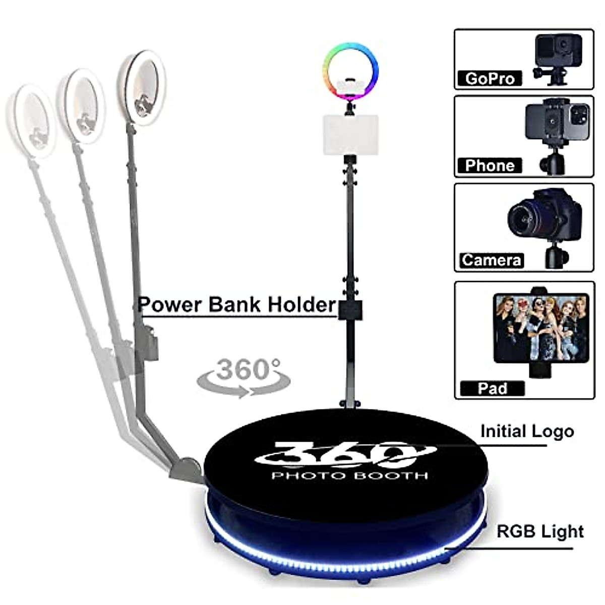 Peepoleck 360 Photo Booth Machine 80cm with Flight Case, 360 Degree Rotating Camera Booth, Logo Customization, 3 People Stand on Remote Control Automatic Spin for Parties 31.5''