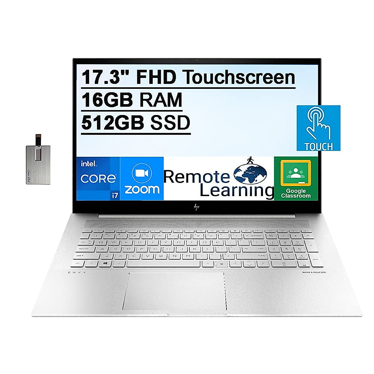 HP 2022 Envy 17.3" FHD Touchscreen Laptop Computer, 11th Gen Intel Core i7-1165G7, 16GB RAM, 512GB PCIe SSD, Backlit Keyboard, Iris Xe Graphics, Webcam, B&O Audio, Win 11 Pro, Silver, 32GB USB Card