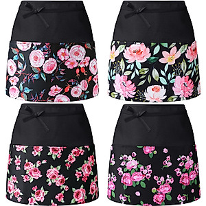 Handepo 4 Pack Teachers Waist Aprons for Women Waist Length Aprons with Pockets Design Adjustable Waist Tie Half Apron for Kitchen Garden Work