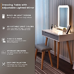 ARTETHYS Vanity Table Set with Adjustable Brightness Mirror and Cushioned Stool, Dressing Table Vanity Makeup Table with Free Make-up Organizer