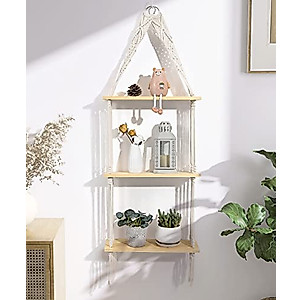 Afuly Hanging Shelf 3 Tier Wall Macrame Boho Shelves for Bathroom Living Room Wall Decor, Plant Book Storage Organizer Shelving Toilet Corner Organization Holder Solid Pine Wood Display