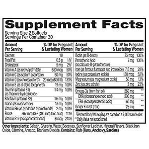 OLLY Ultra Strength Prenatal Multivitamin Softgels, Supports Healthy Growth, Brain Development, Iron, Folic Acid, DHA, Vitamins C, E, 30 Day Supply-60 Count (Packaging May Vary)