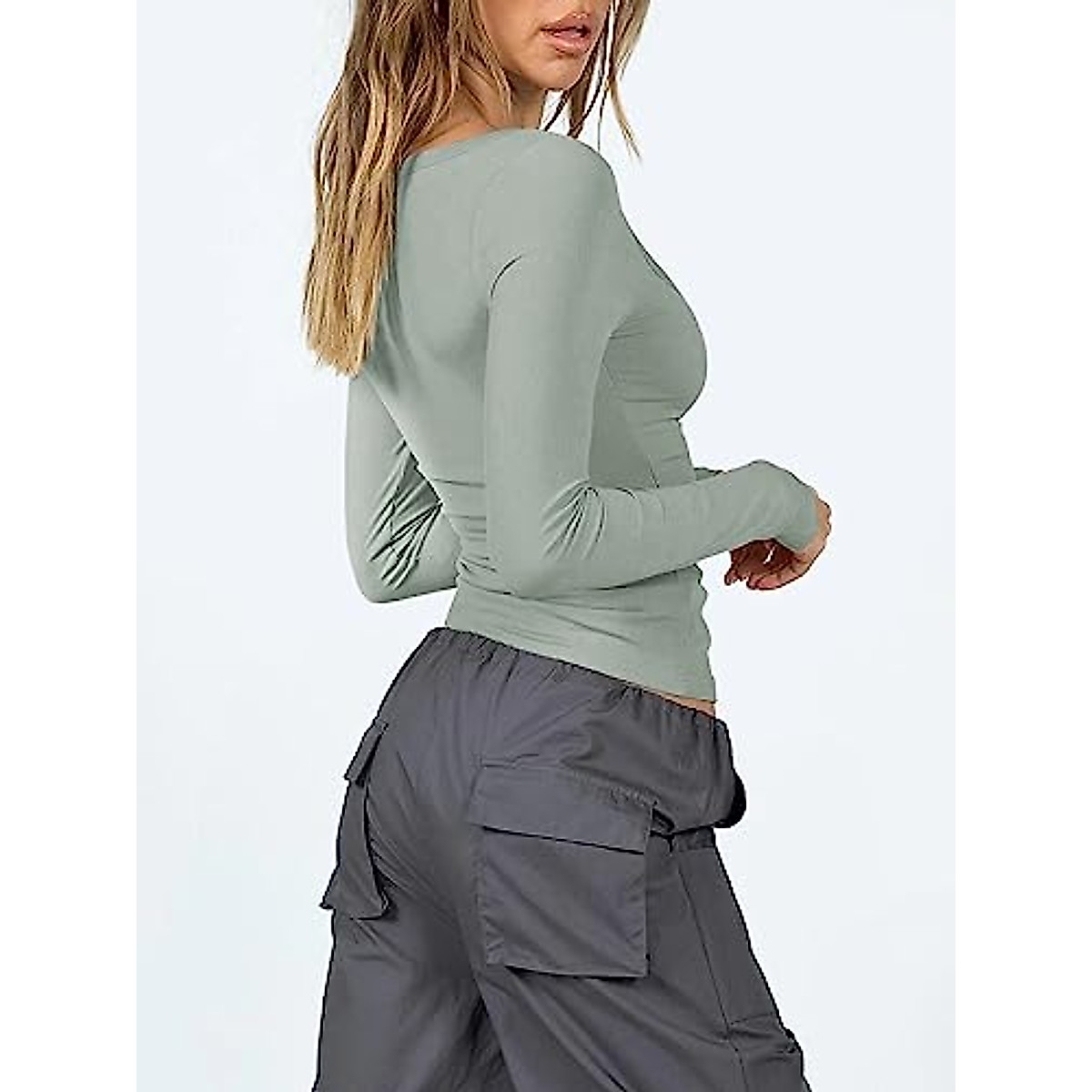 Lynwitkui Women's Ribbed Long Sleeve Tops Scoop Neck Slim Fitted Solid Casual T-Shirt Light Green