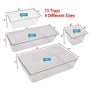 ATVAX 15 PCS Drawer Organizers with Non-Slip Silicone Pads Clear Plastic Drawer Organizers Set Clear Desk Drawer Organizer Trays Storage Bins