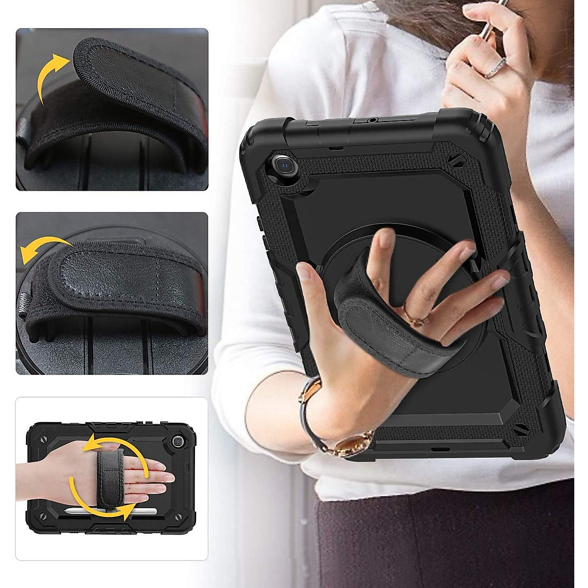 BLOSOMEET Case for Samsung Galaxy Tab S6 Lite 10.4" 2024/2022/2020 with Screen Protector S Pen Holder,Heavy Duty Case for S6 Lite Tablet P620/P625/P610/P613 with Stand Hand Shoulder Strap,Black