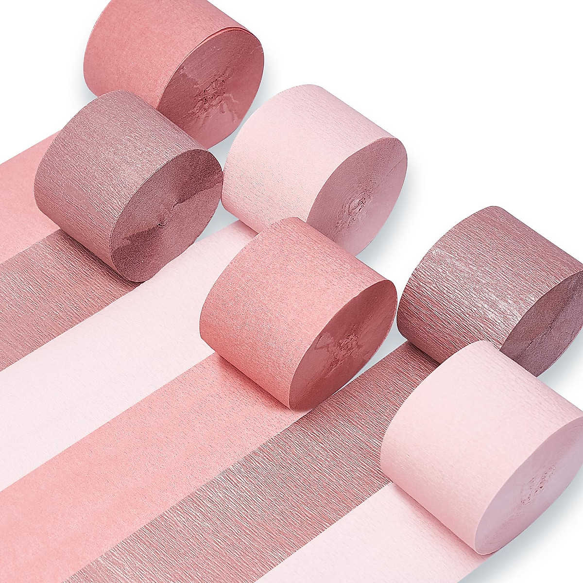 PartyWoo Crepe Paper Streamers 6 Rolls 492ft, Pack of Metallic Rose Gold, Pink, Dusty Pink Party Streamers for Bride to Be Party Decorations, Bachelorette Party Decorations (1.8 Inch x 82 Ft/Roll)