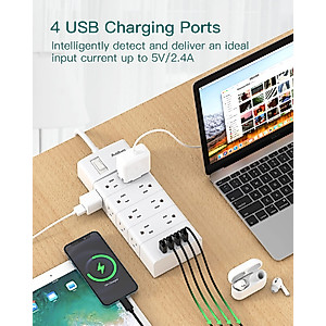 Power Strip Surge Protector - Addtam 16 Outlets(4-Side) and 4 USB Ports 5 Ft Flat Plug Extension Cord, Overload Surge Protection Outlet Strip, Wall Mount for Home, Office and More