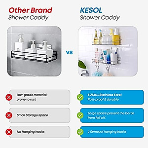 KESOL Adhesive Shower Caddy Shower Shelf Shower Organizer for Bathroom Organization with Hooks, SUS304 Stainless Steel, 2 Pack (Silver)