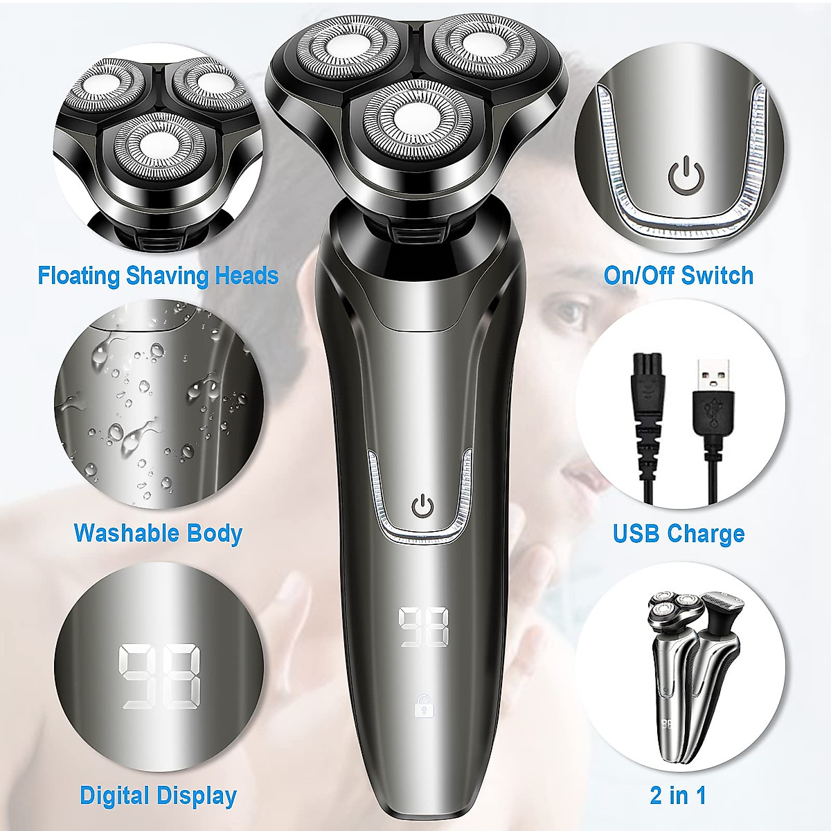 Electric Razor for Men,Electric Shavers for Men IPX7 Waterproof Mens Shaver Rechargeable with Beard Trimmer, 4 in 1 3D Rotary Mens Razor Shaver Kit Cordless Shaving Machines for Husband Father Gift