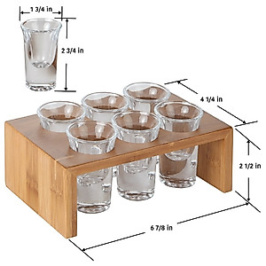 Lily's Home Bamboo Shot Glass Holder Set with 6 Crystal Clear Shot Glasses, Easy to Carry and Sophisticated to Display, Ideal for Liquor Shots at Parties (1 oz. Each Glass)
