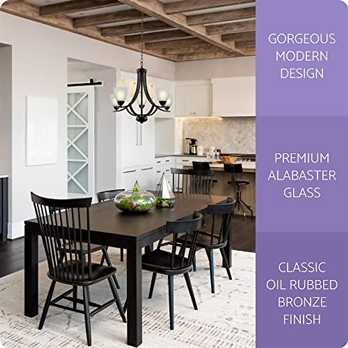 Kira Home Weston 24" Contemporary 5-Light Large Chandelier + Alabaster Glass Shades, Adjustable Chain, Oil Rubbed Bronze Finish