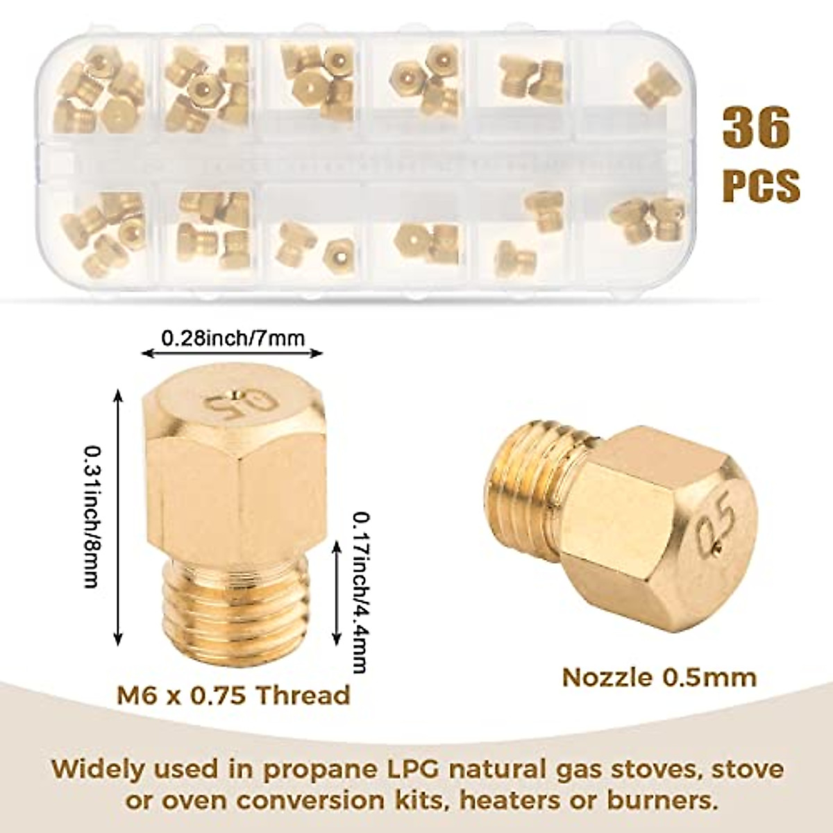 ETERMETA Range Stove Oven Orifice Conversion Kit, Propane Lp Natural Gas Brass Jet Burner Nozzle Replacement Parts M6x0.75 mm Gas Spray Tip 0.3/0.4/0/7/0.8/0.9/1.0/1.1/1.2/1.5/1.7/1.9mm, 36PCS