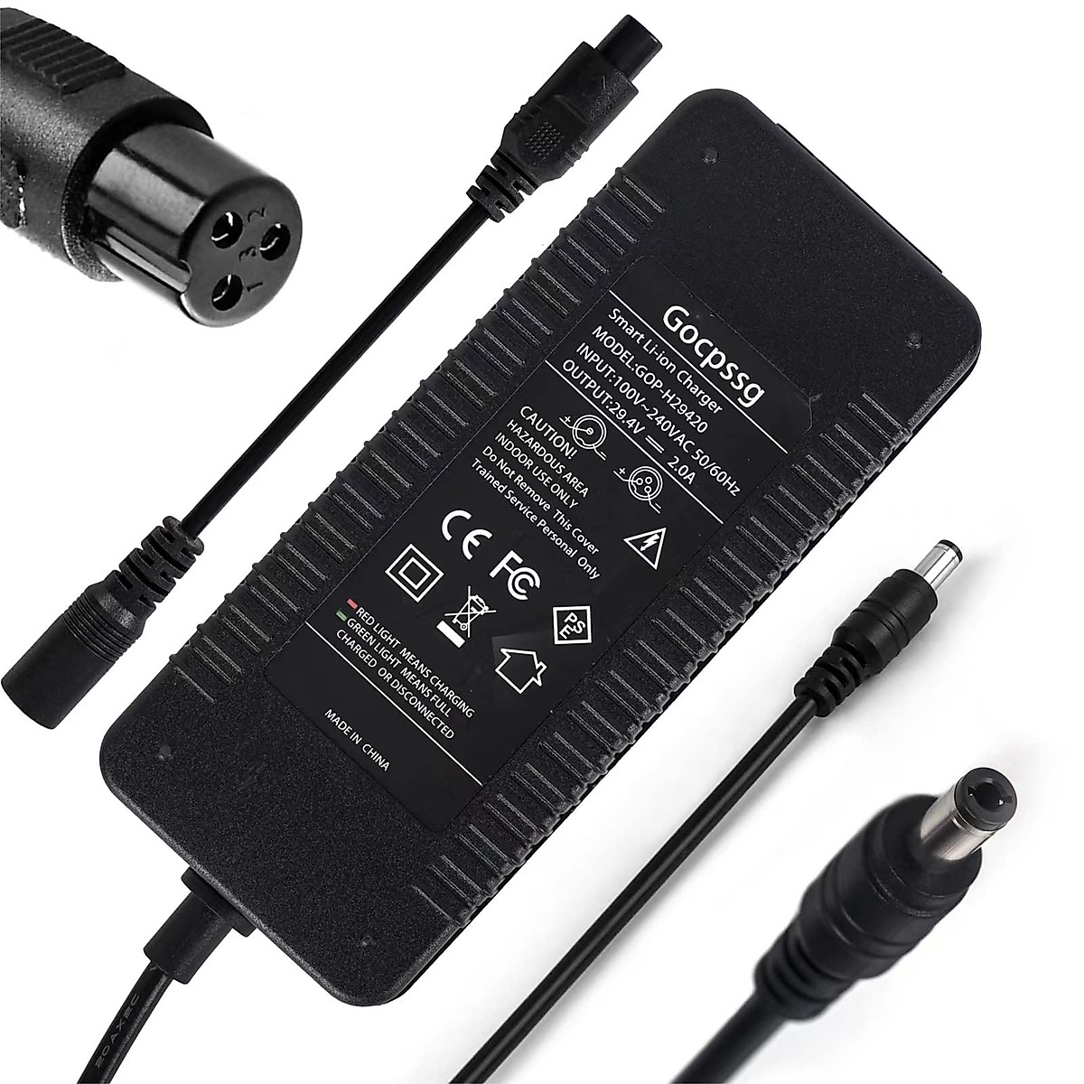 Gocpssg 29.4V 2A Charger for 25.2V 25.9V 25.6V 24v Lithium Battery 2 Plugs 1 Prong 5.5mm DC Plug and 8mm 3 Prong Connector