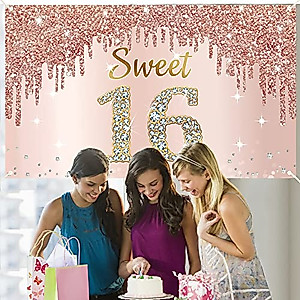Happy Sweet 16th Birthday Banner Backdrop Decorations for Girls, Rose Gold Sweet 16 Birthday Party Sign Supplies, Pink Sweet Sixteen Birthday Poster Background Photo Booth Props Decor