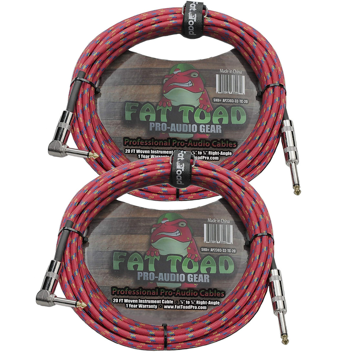 Fat Toad Guitar Cables (2 Pack) Right Angle to Straight-End Instrument Cord Tweed Cloth Jacket Braided Woven 20 FT 1/4 Inch Gold Jack TS for Electric Guitar Pedal, Bass, Audio Speaker, Amplifier